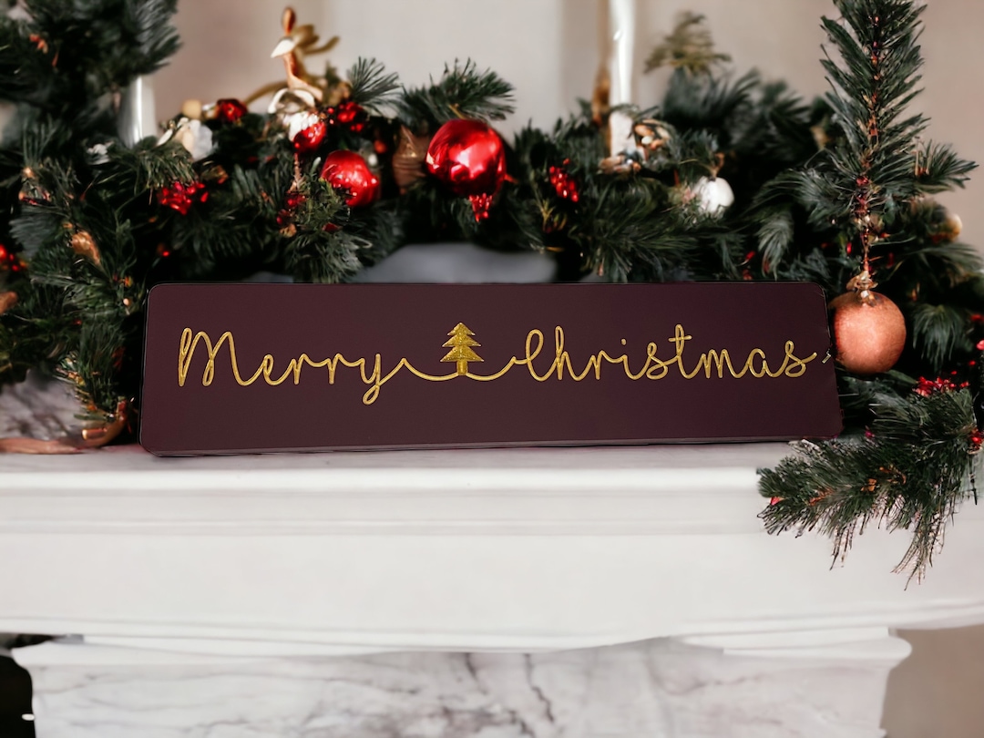 Freestanding Wooden Merry Christmas Sign in Gold and Mulberry ...