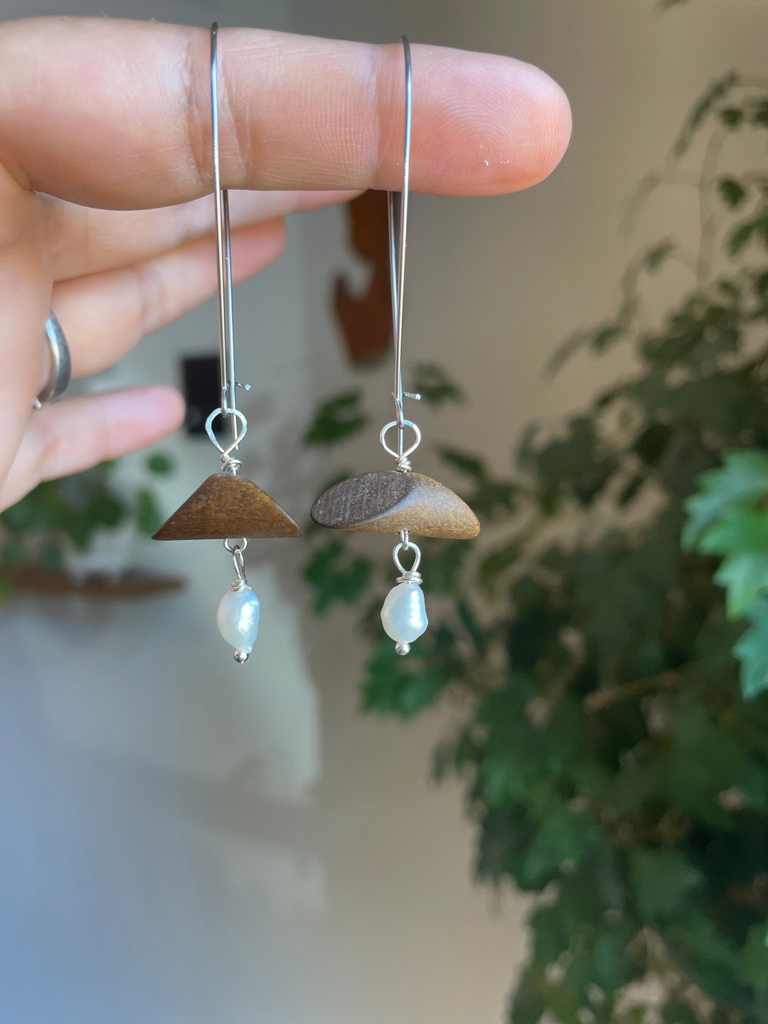 Big Kidney Hook Wooden and Pearl Drop Earrings - Etsy