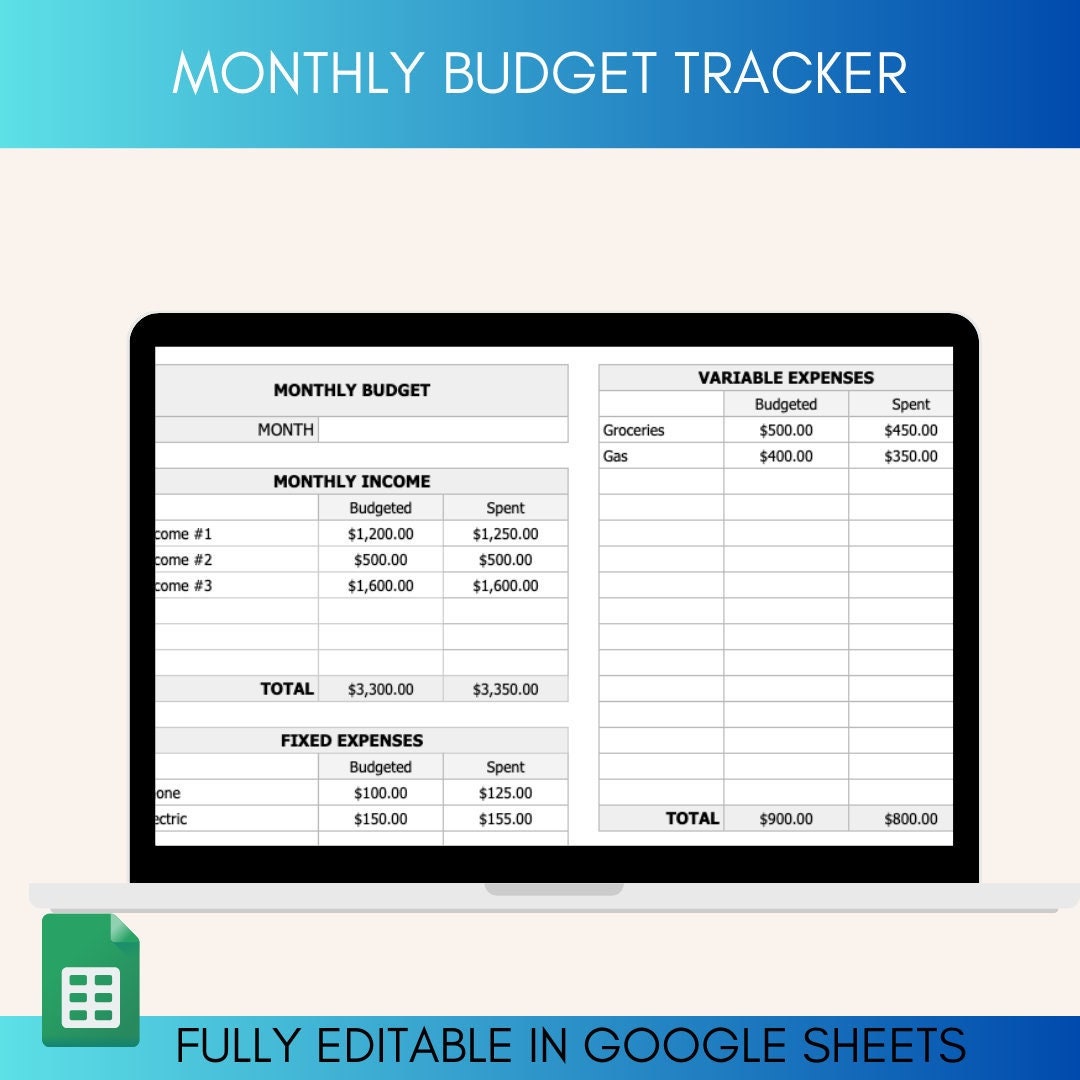 Simple Monthly Budget Tracker Google Sheets Template - Etsy