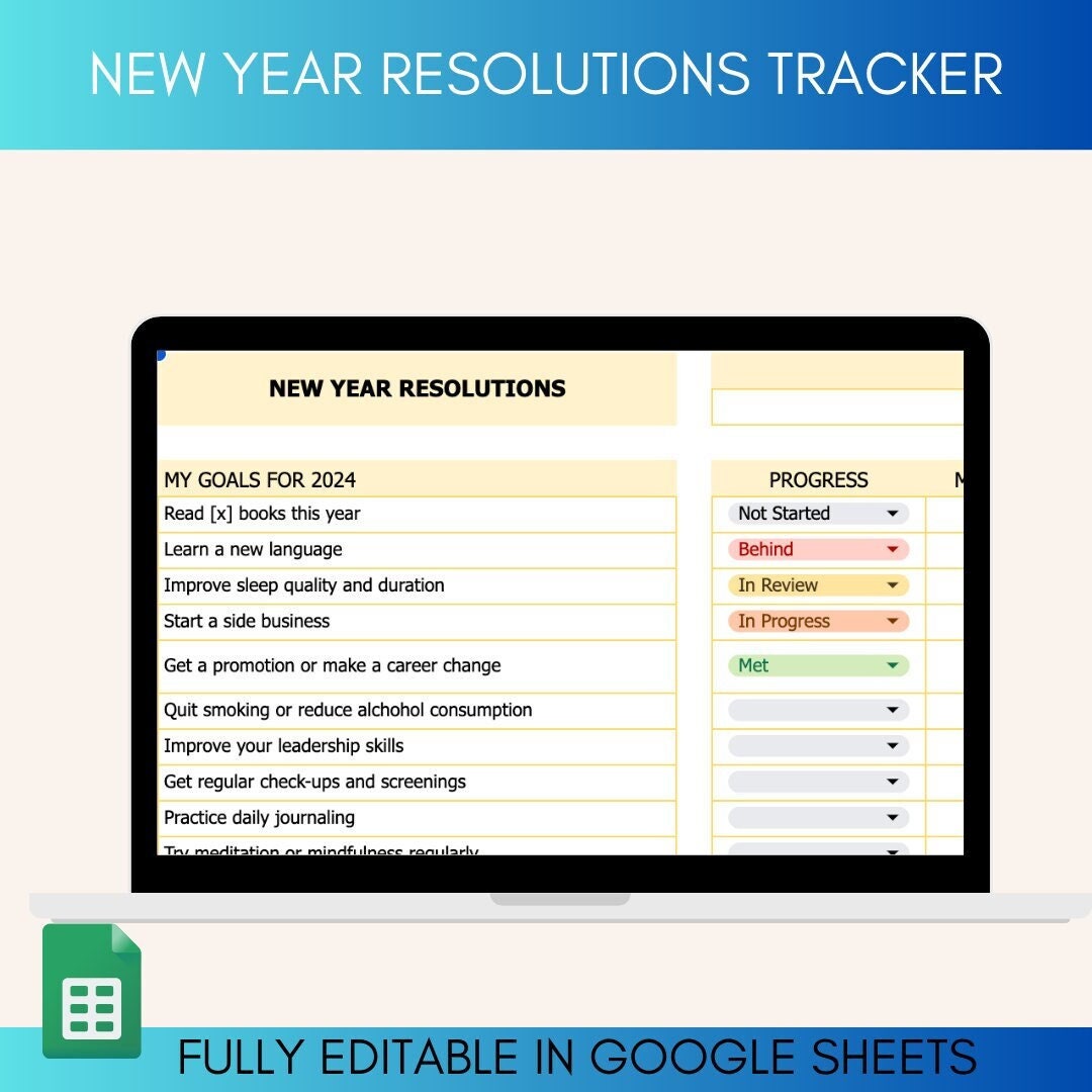 Simple New Year Solutions Tracker | Google Sheets Template - Etsy