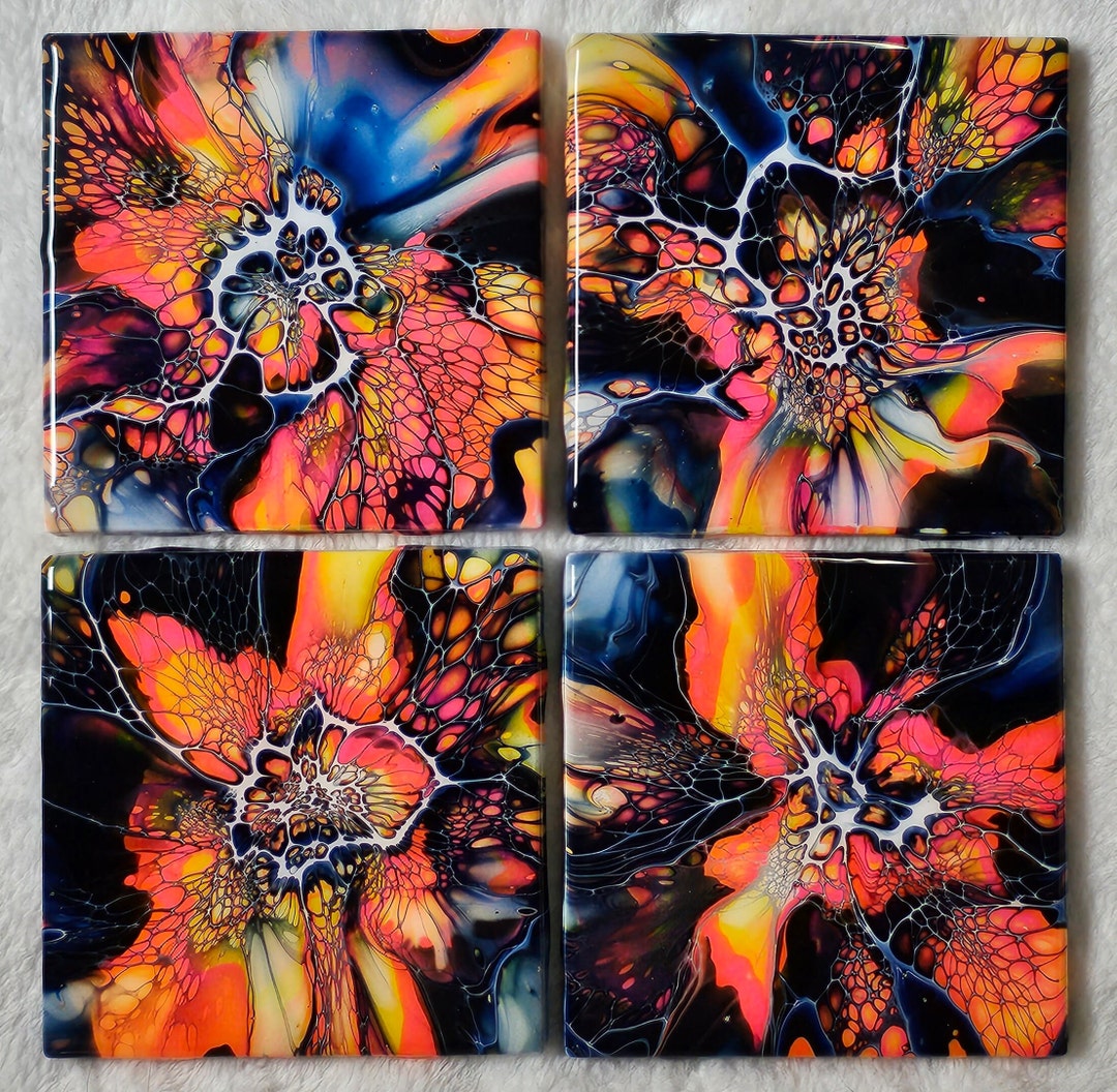 Eye Popping Color on This Set of 4 Ceramic Tiles. Great Christmas Gift ...