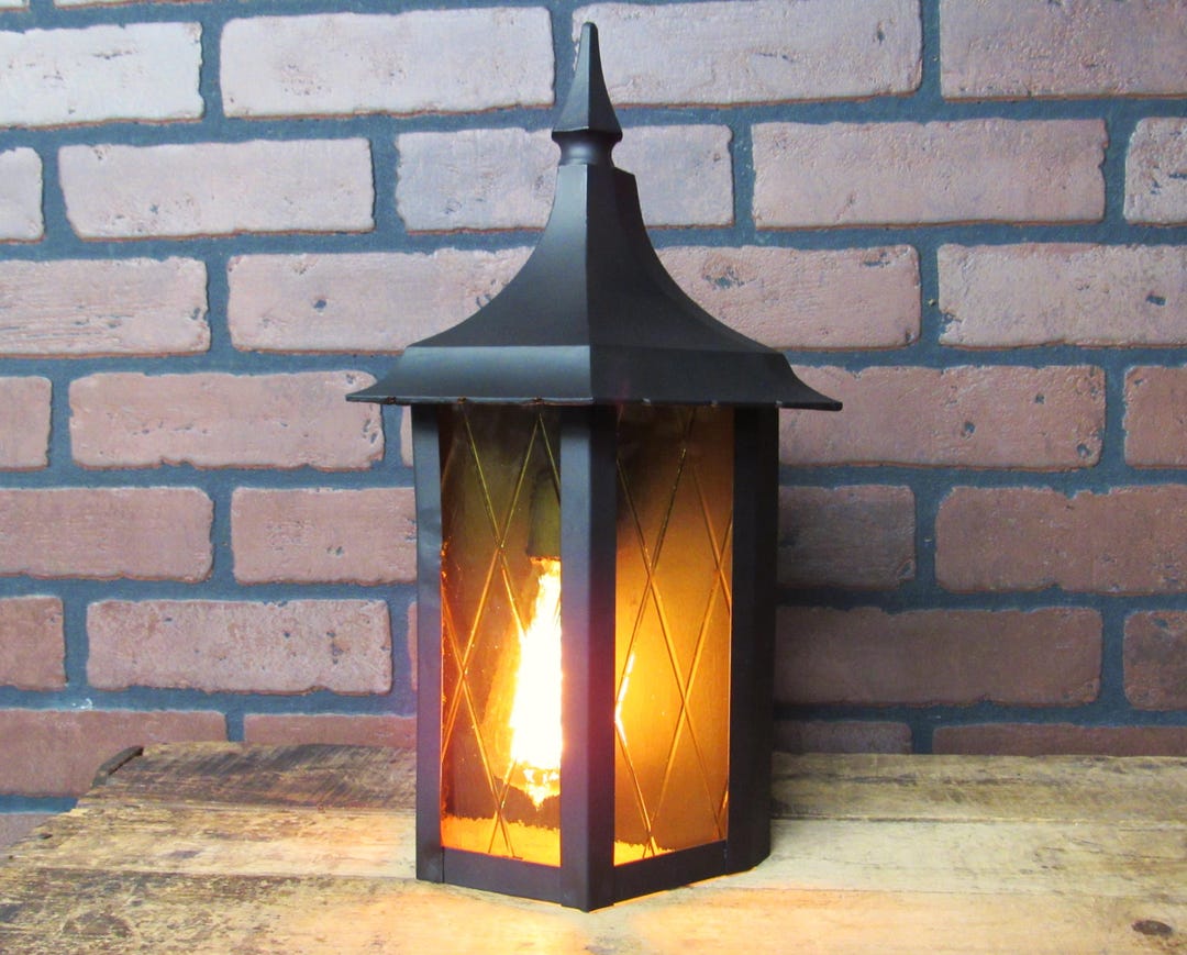 Large Vintage Story Book Gothic Porch Light Wall Sconces Amber Glass ...