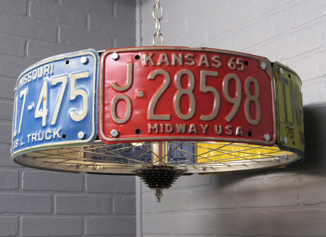 Repurposed License Plate Bicycle Wheel Chandelier Light 24" Diam - Etsy
