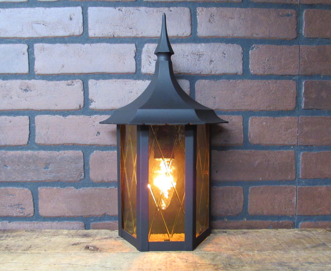Large Vintage Story Book Gothic Porch Light Wall Sconces Amber Glass ...