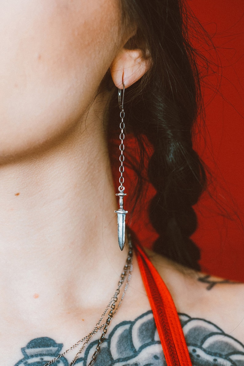 Sterling Silver Dagger Chain Earrings - Etsy