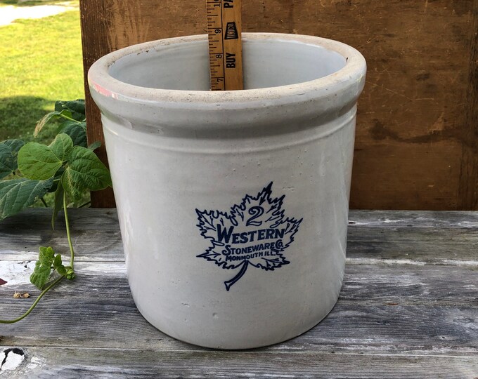 Western Crock, Western 2 Stoneware Crock, White Blue Western Double ...