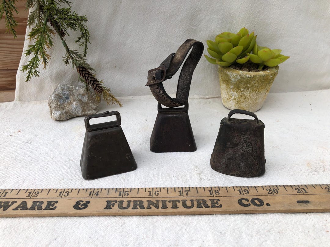Prim Cow Bells, Set of 3 Small Cow Bells One on Leather, 3 Small ...