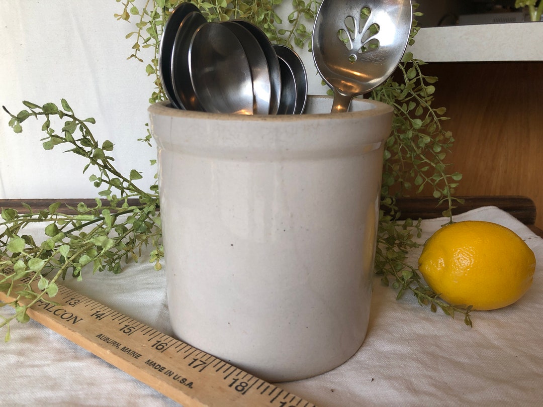 Small Crock, Small Stoneware Crock Container, White Light Gray Crock ...