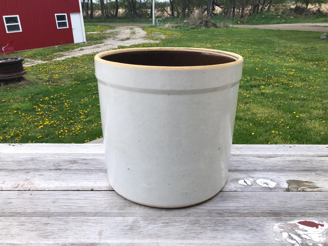 White 2 Stoneware Crock Brown Interior Burley Clay USA, Farmhouse Prim ...