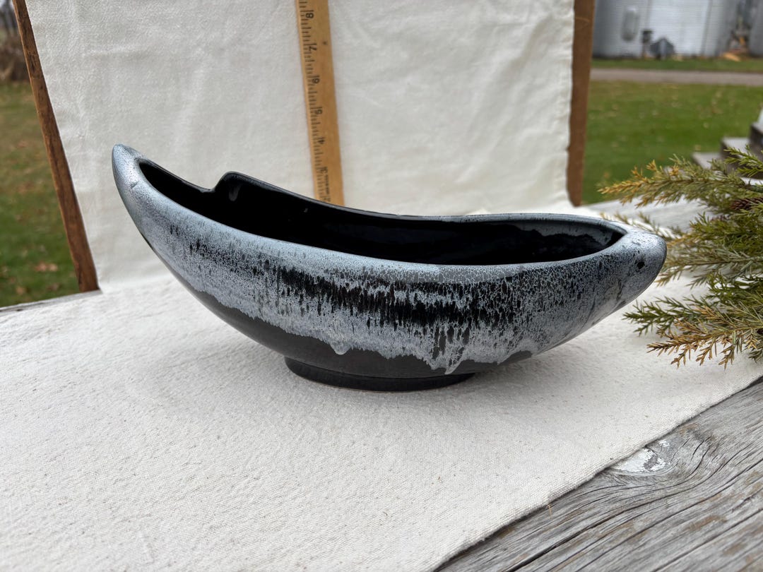 MCM Canuck Pottery Evangeline Ware Black With White Drip Glaze Boat ...