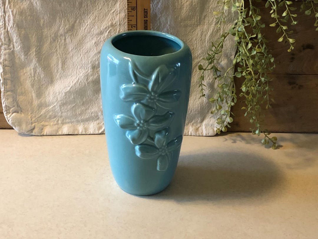 Vintage Robbins Egg Blue Pottery Vase With Raised Flower Design, Mid ...