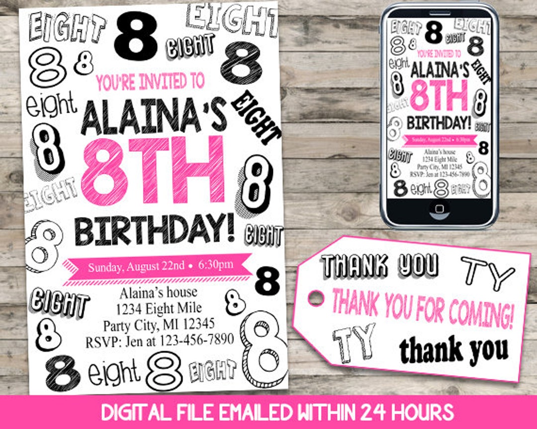 Girls Birthday Party Invitation, Number, Personalized, Digital, Any Age ...