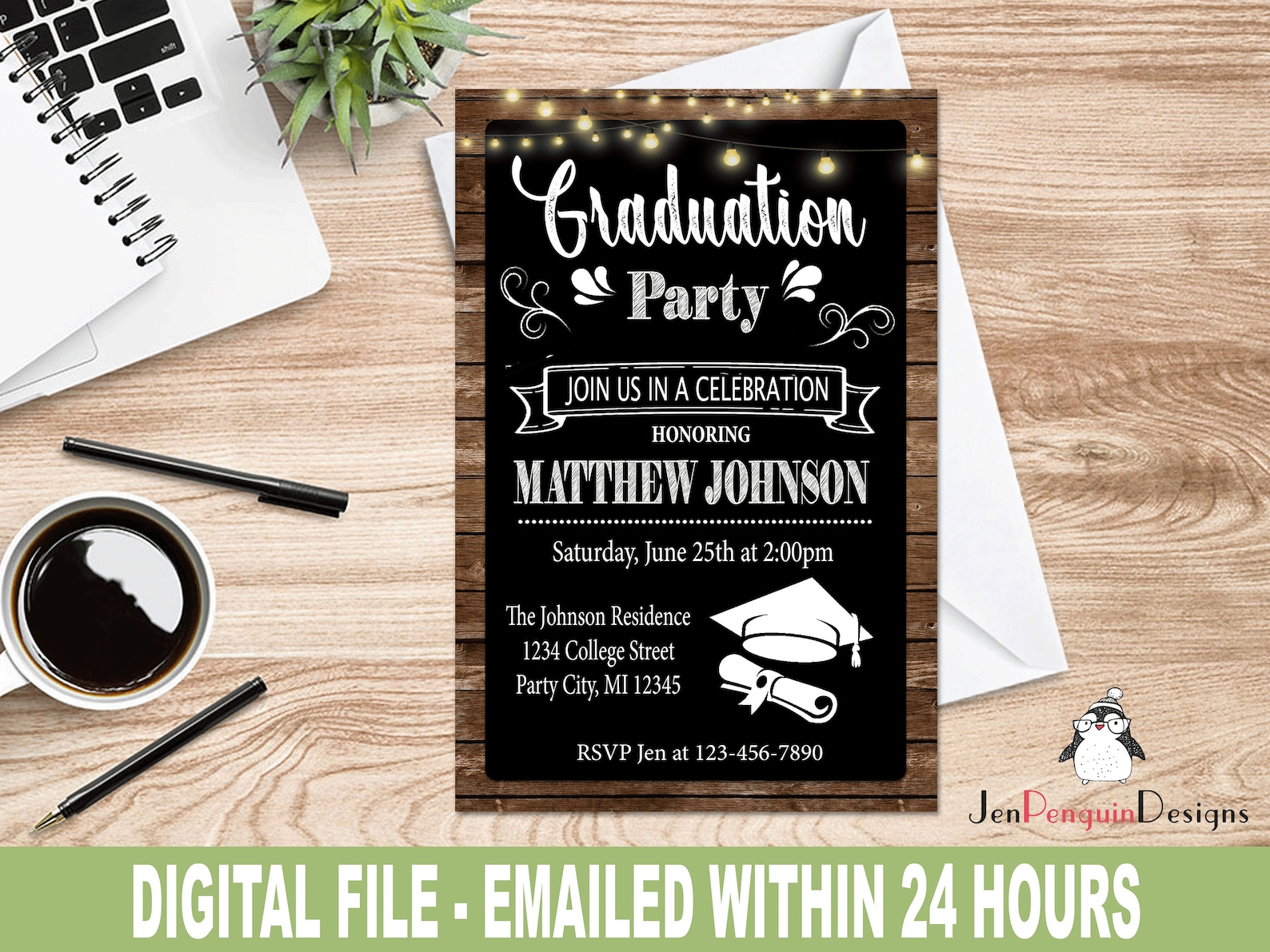Printable Graduation Party Invitation, Rustic, Wood, Instant Download ...