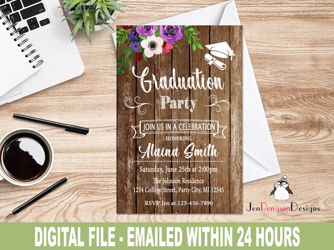 Printable Graduation Party Invitation, Rustic, Wood, Instant Download ...