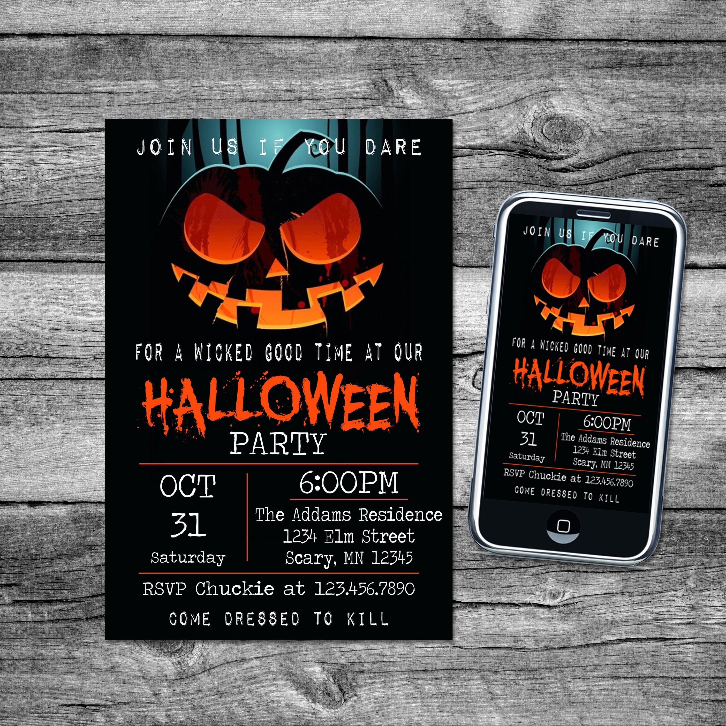 Halloween Party Invitation Creepy Jack-O-Lantern Digital | Etsy