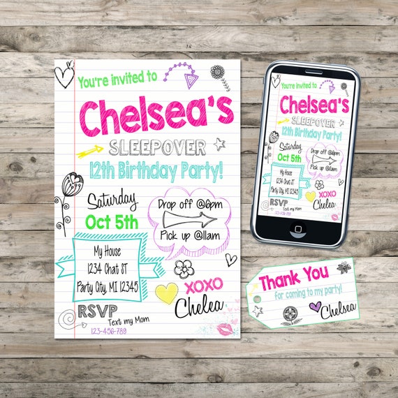 Sleepover Notebook Girls Birthday Party Invitation - Etsy