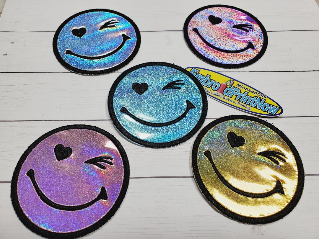 Smiley Face Iron on Hologram Patch - Embroidered Patches for Jackets - Yellow Pink Mint Purple ...