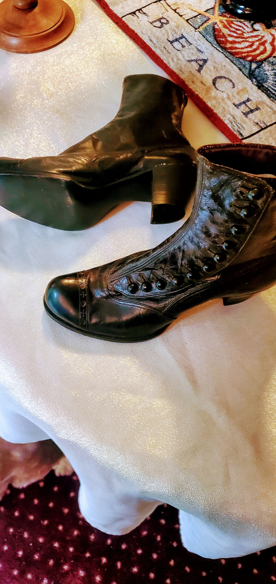 BOOTS Victorian High Button Heels Excellent Black Leather Ladies 5- 6 N ...