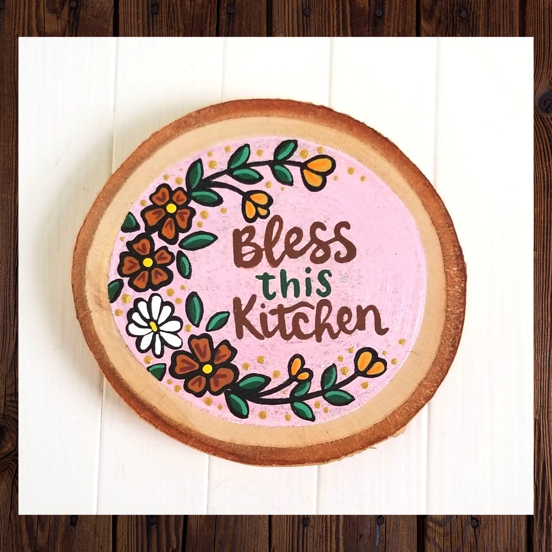 Refrigerator Magnets, Wood Slice Magnet, Pink Kitchen Decor, Bless This ...