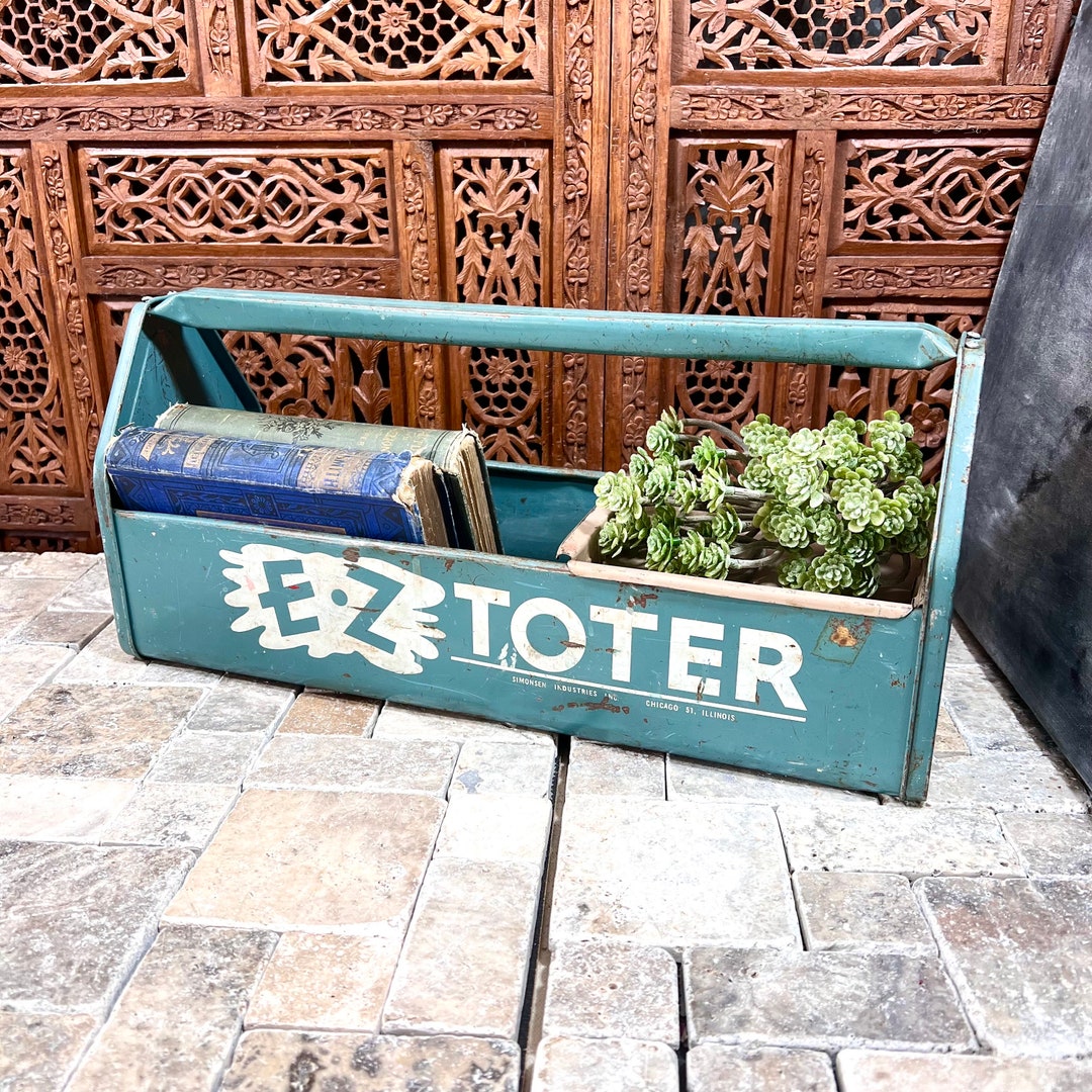 Shabby Metal Carpenter's Tote - E Z Toter Vintage Tool Storage Caddy - Painted Green / White ...
