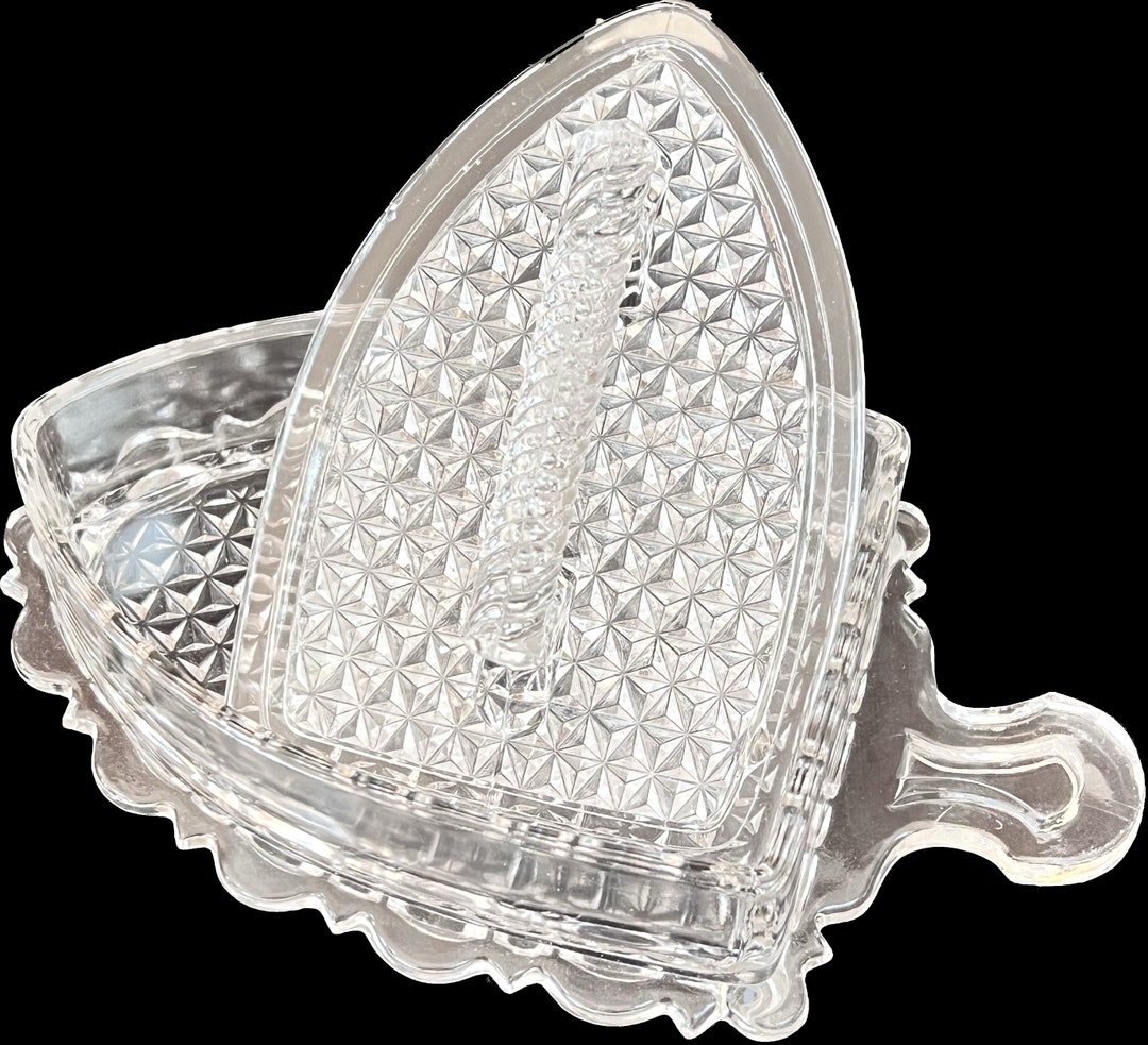 Unusual Antique Sad Iron Shaped Covered Dish, Tray, Plate in Clear ...