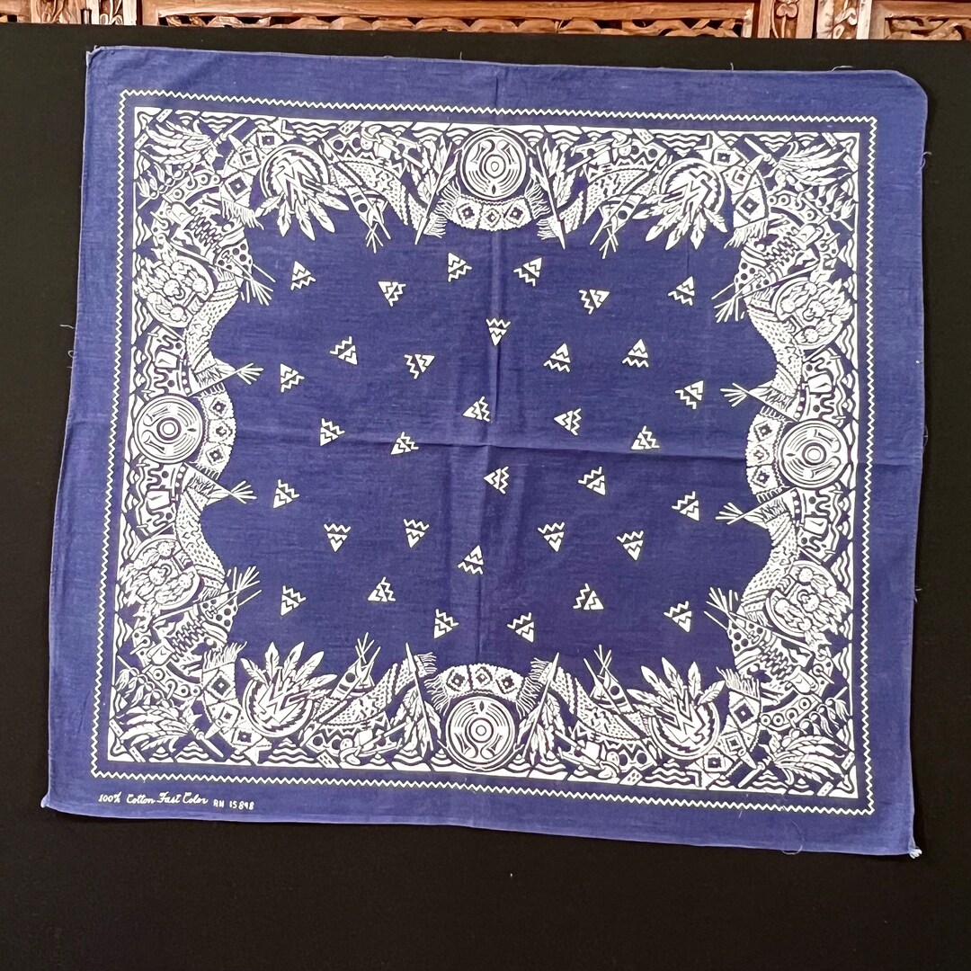 Bandana Indigo Blue W/ White Native American Imagery Vintage Cowboy ...