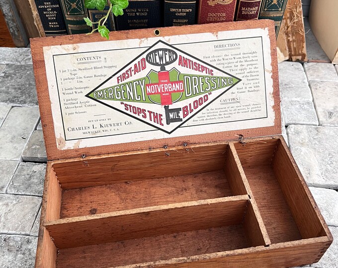 Wood Medical Box W/ Hinged Lid W/ Paper Label Kiewert First Aid ...