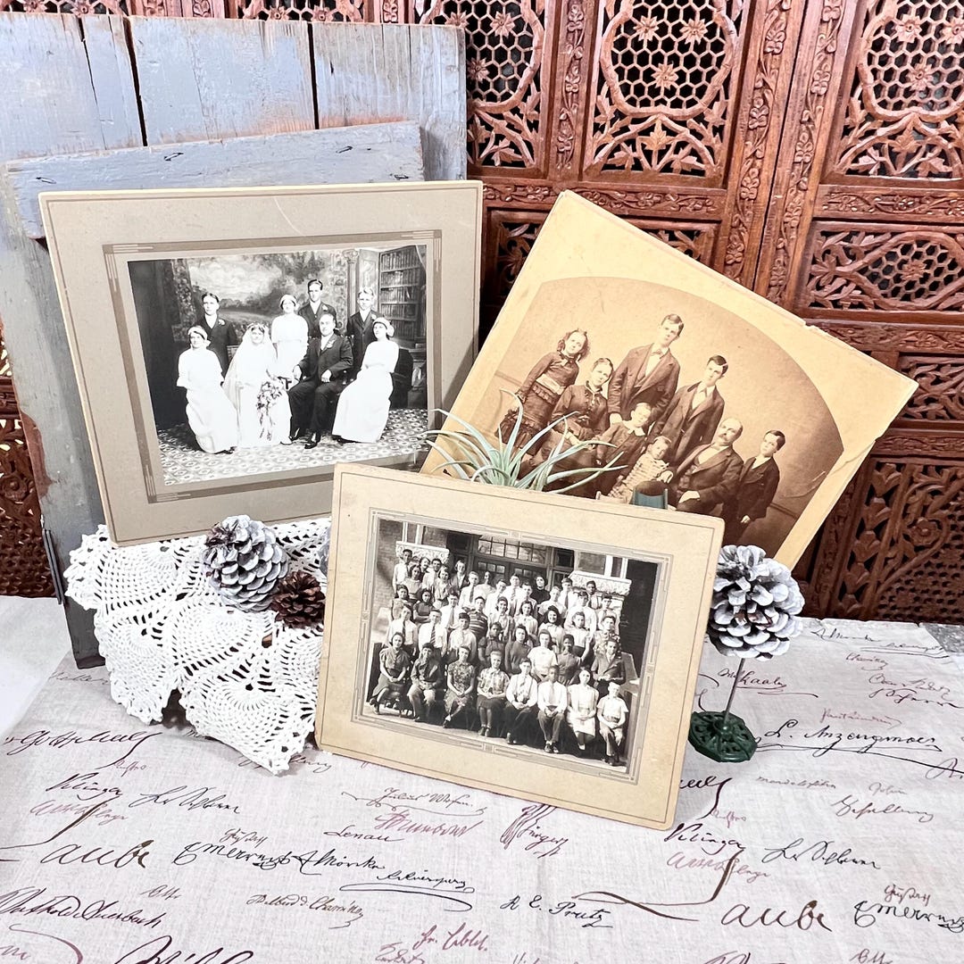 3 Antique Photographs of Groups of People Wedding, School, Family Sepia ...