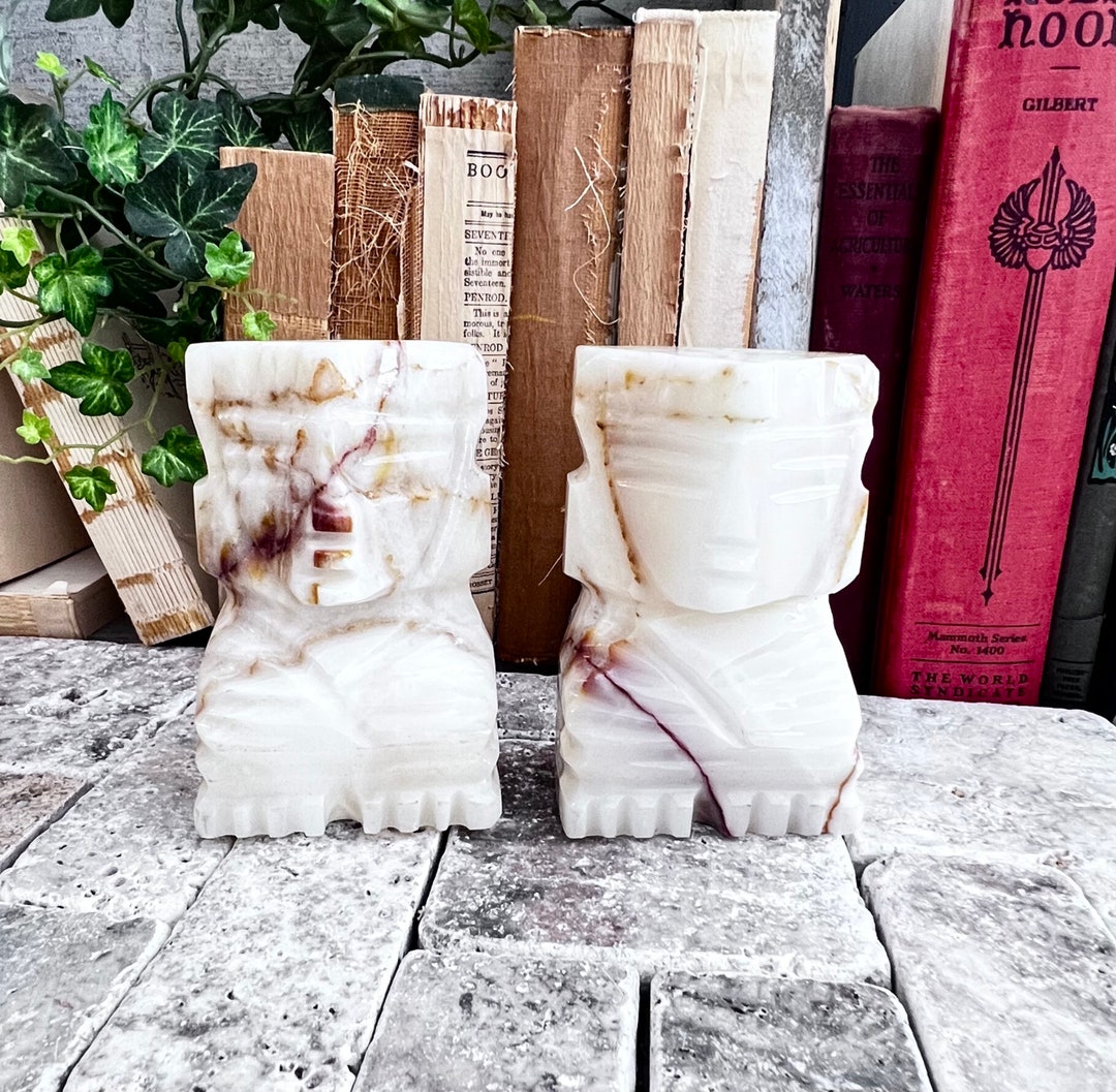 Old Stone Face Himself Carved Onyx Stone Bookends Vintage Mexican Aztec ...
