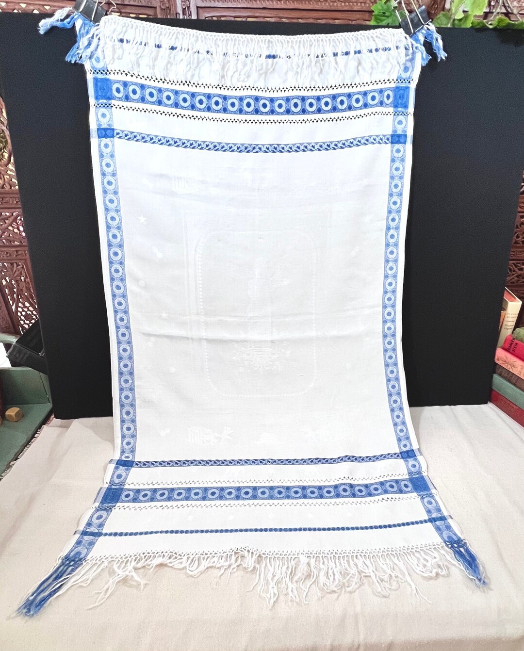 Elegant Tablecloth Scarf / Cover Woven Jacquard Cloth W/ Fringe Vintage ...