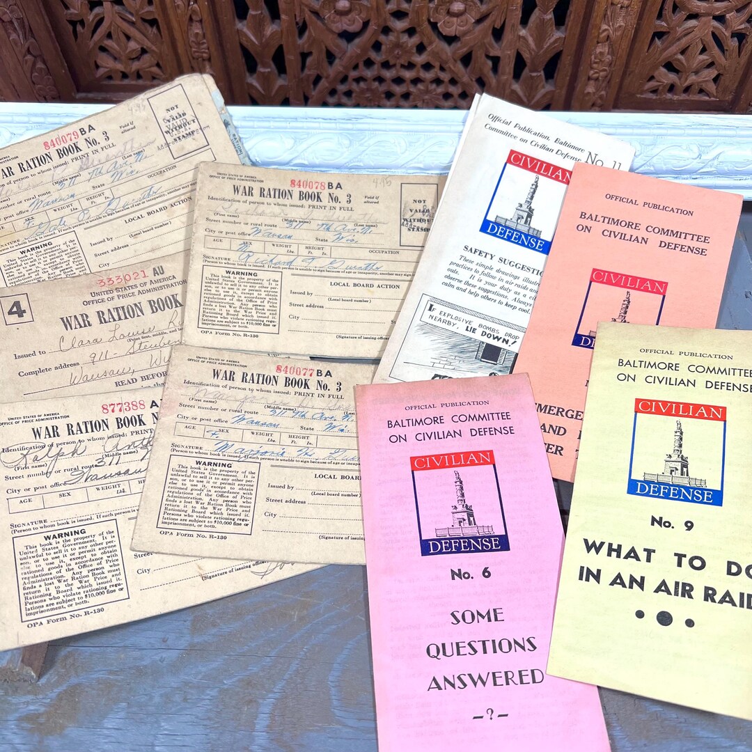 War Ration Stamp Booklets & 4 Air Raid War Time Civilian Defense ...