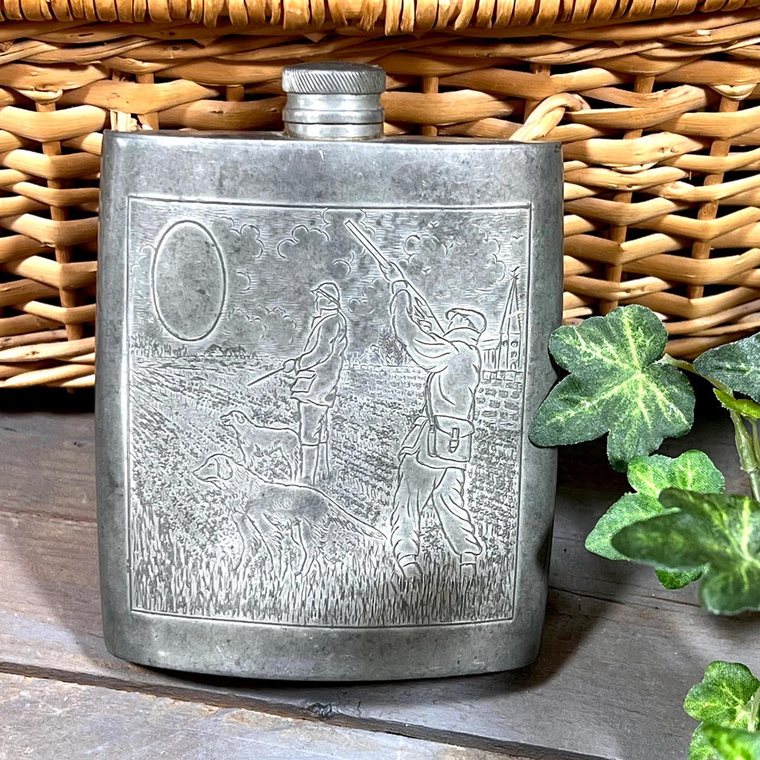 Pewter Vintage English Hip Flask Etched on Both Sides Bird Hunting ...