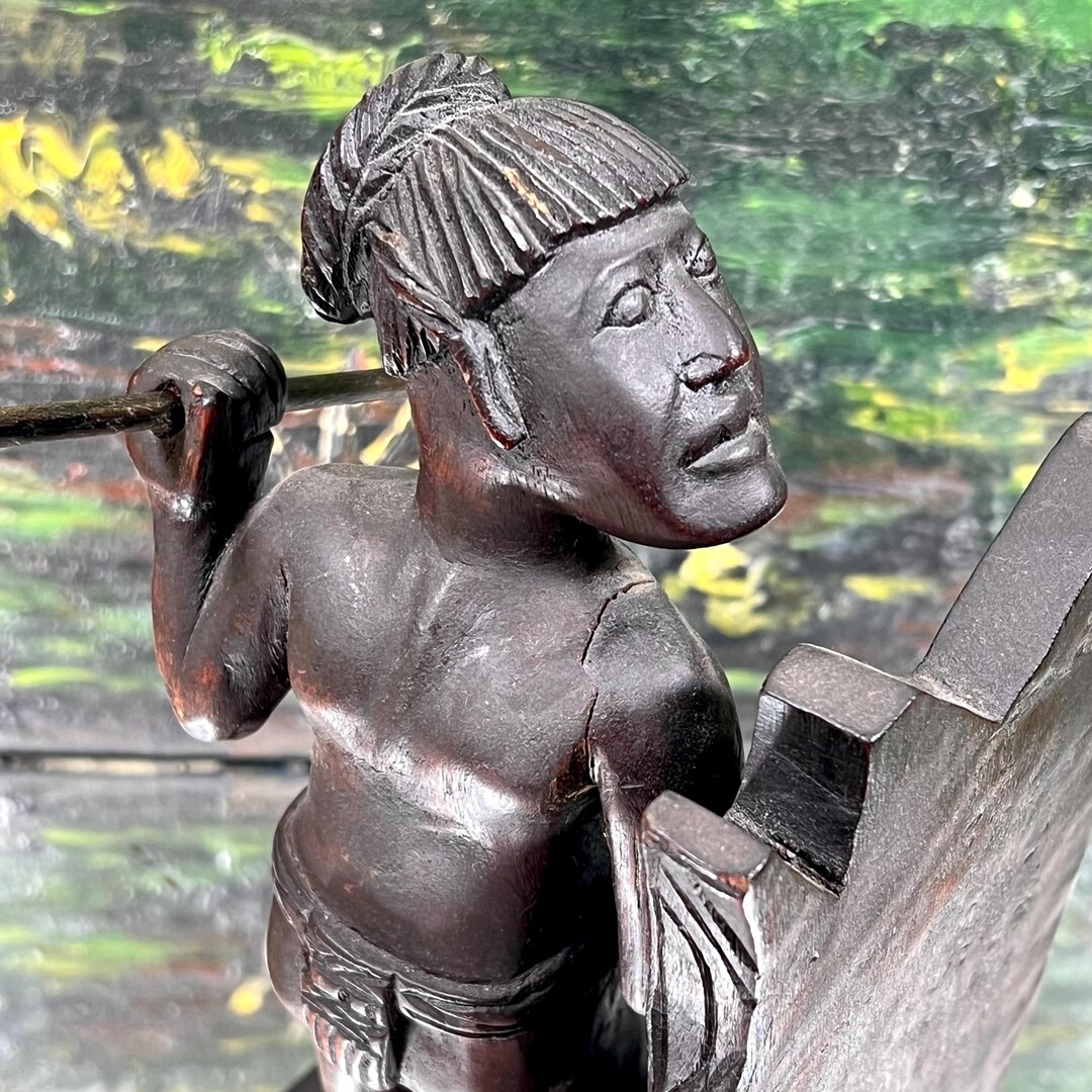 Exotic Wooden Tribesman W/ Spear Statue Ethnic Warrior Hunter Bookend ...