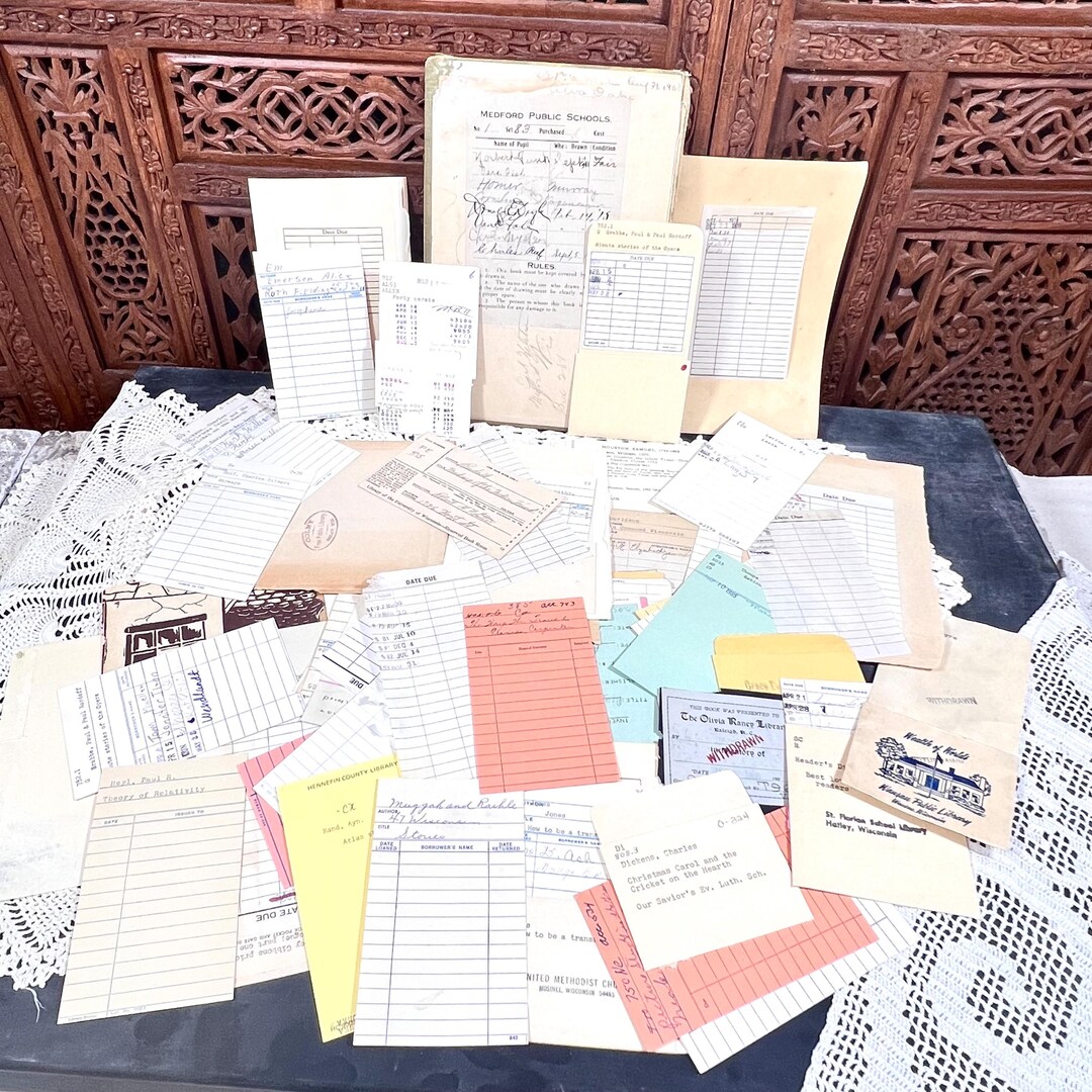 Stack of Vintage / Antique Library Check Out Pockets, Due Date Papers ...