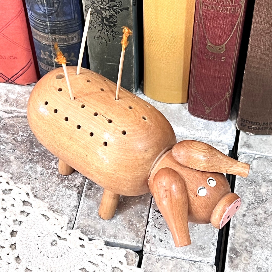 Wood Pig Shaped Cocktail Toothpick Holder Vintage Whimsical Table ...