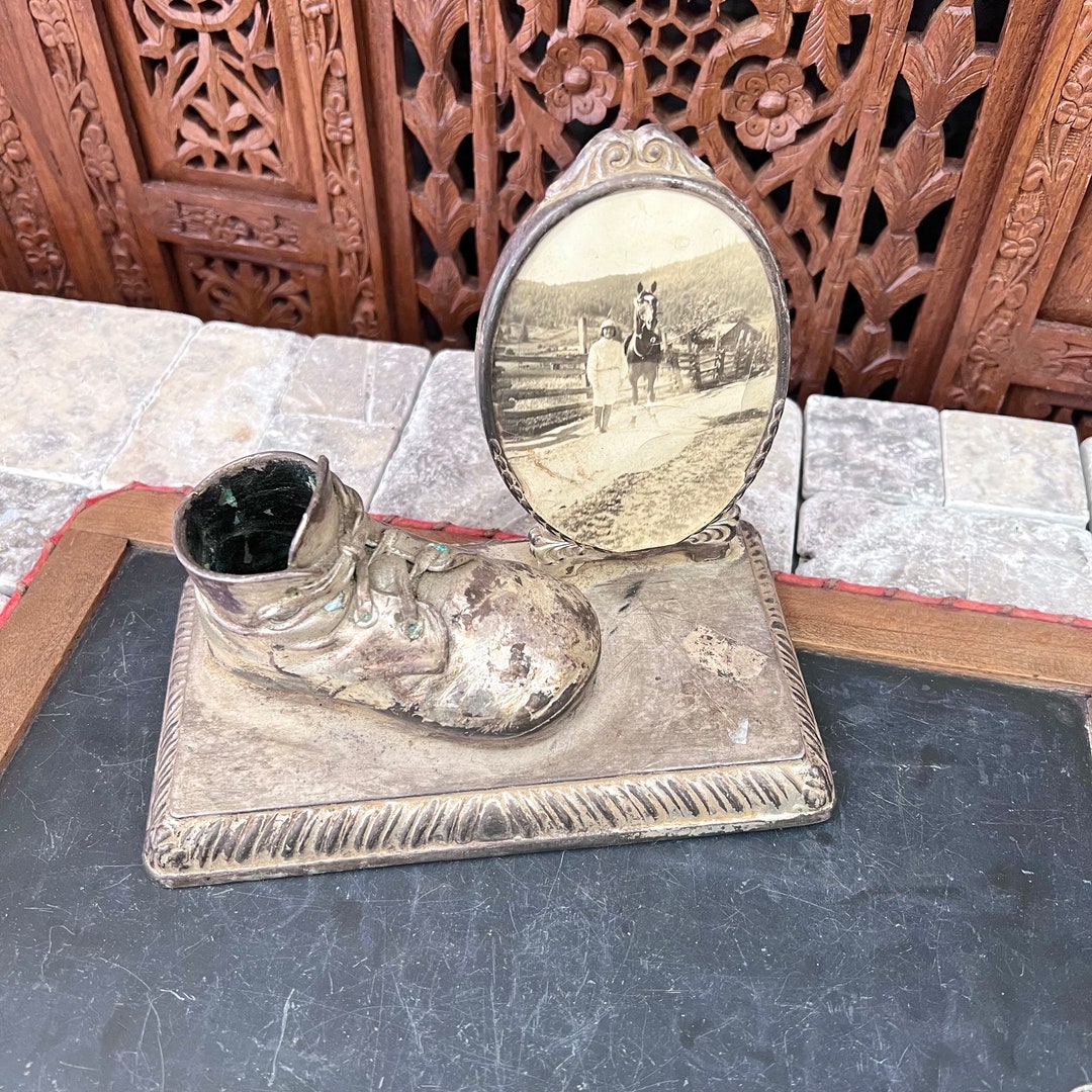 Silvered Metal Baby Shoe vase W/ Picture Frame Vintage Funky Shabby ...