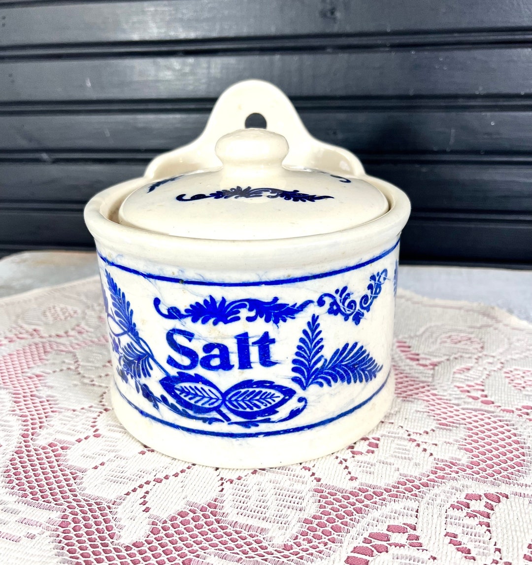 Stoneware Salt Box / Salt Cellar W/ Lid - Antique Wall Hanging Storage ...