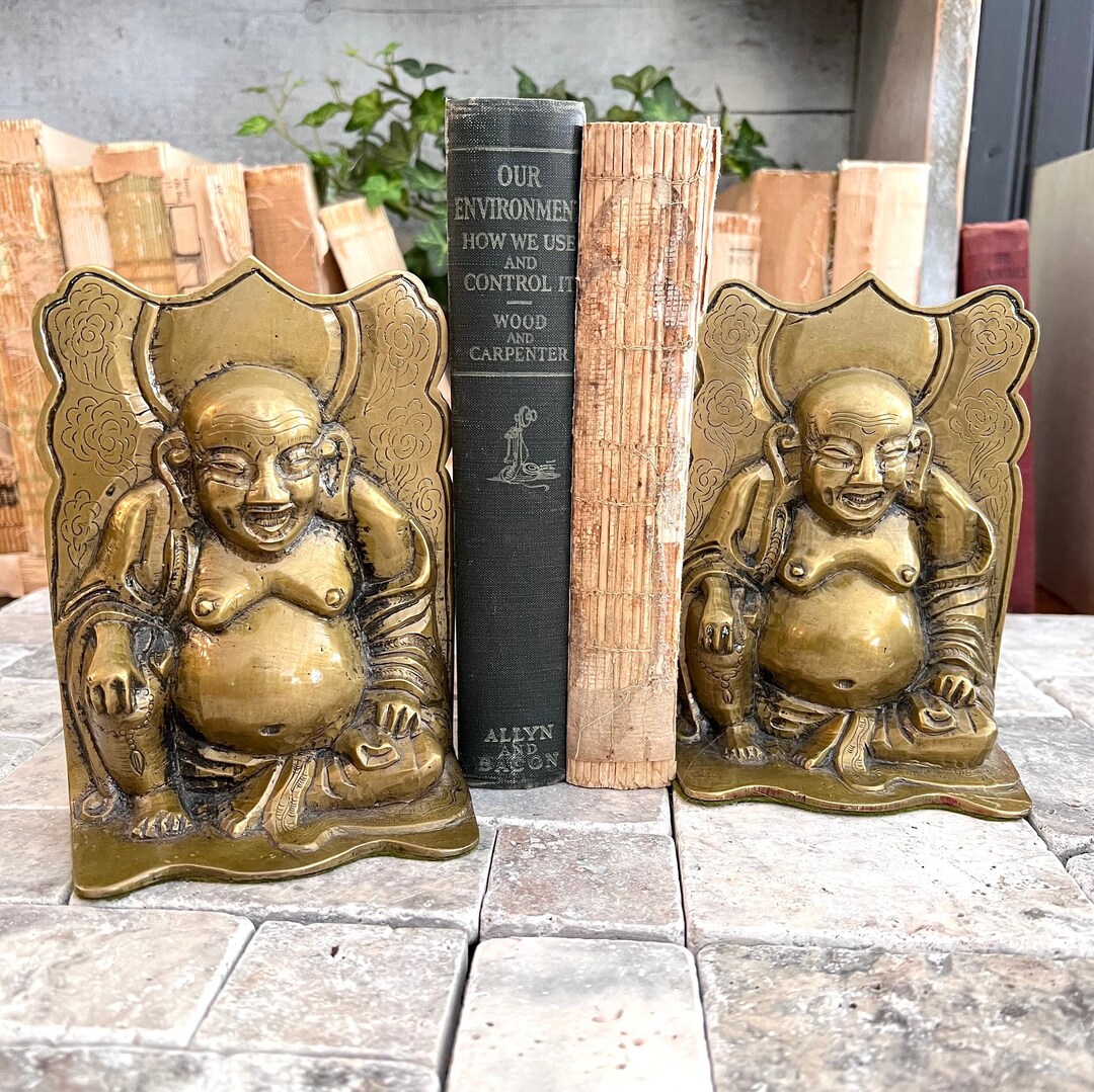 Brass Bookends W/ Seated Buddha Design Bas Relief Vintage Book Ends ...