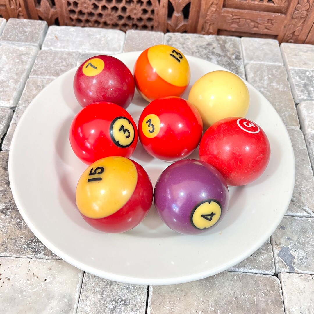 8 Pool / Billiard Balls Vintage Grouping of Various Styles Solids Cue ...