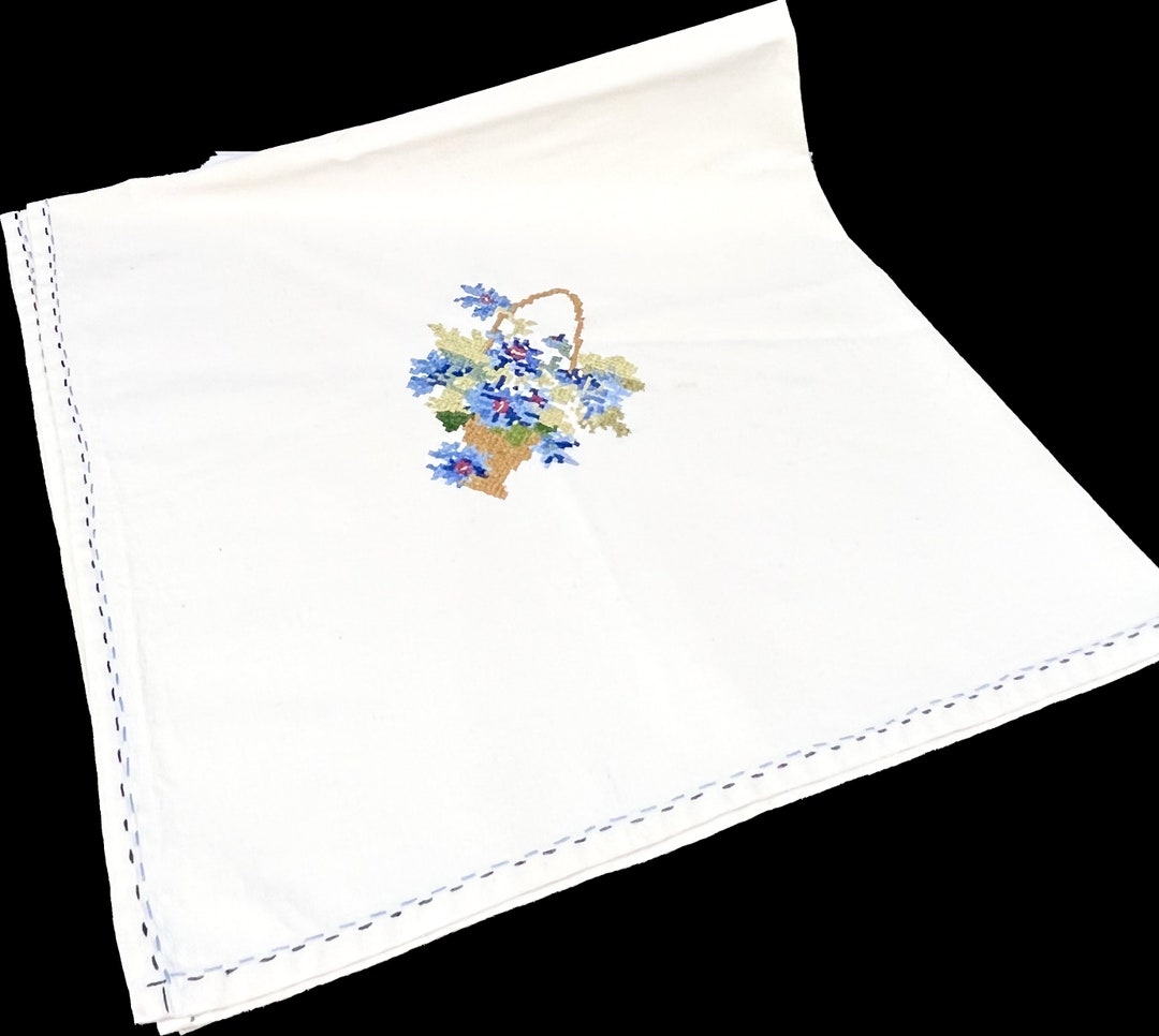 Tablecloth Embroidered on Corner W/ Blue Flowers Basket Design - Etsy