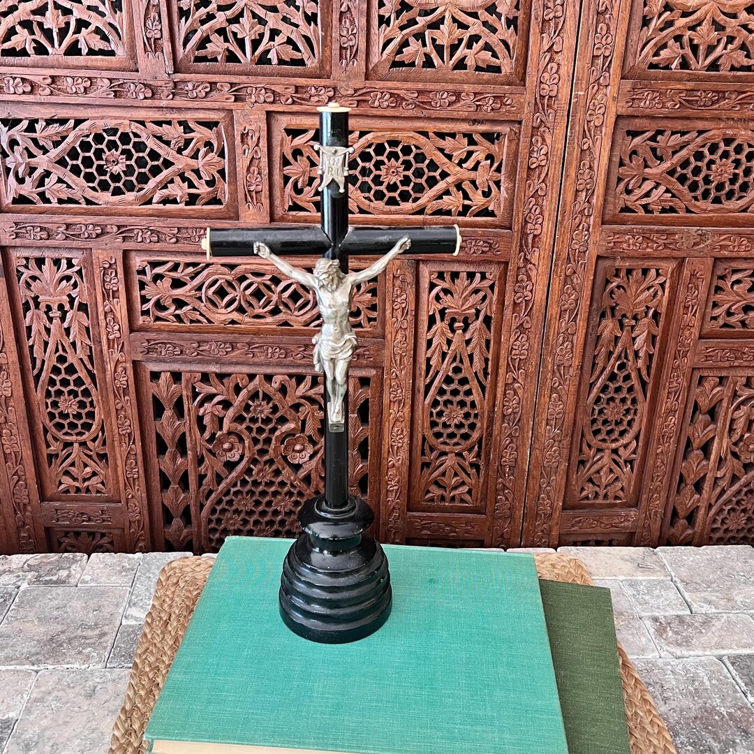 Beautiful Table Top Crucifix - Black Painted Wood Cross W/ Silver Tone ...