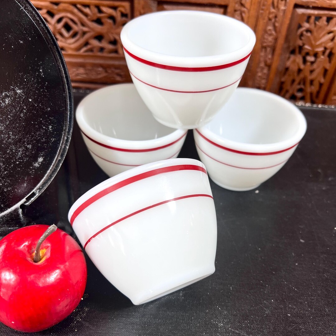 Vintage 4 Custard Cups by Corning White W/ Double Burgundy Red Stripe ...