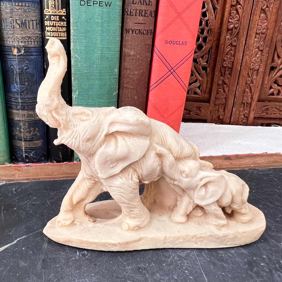 Statue of Elephant Family Mother and Baby - Vintage Statuette, Figure ...