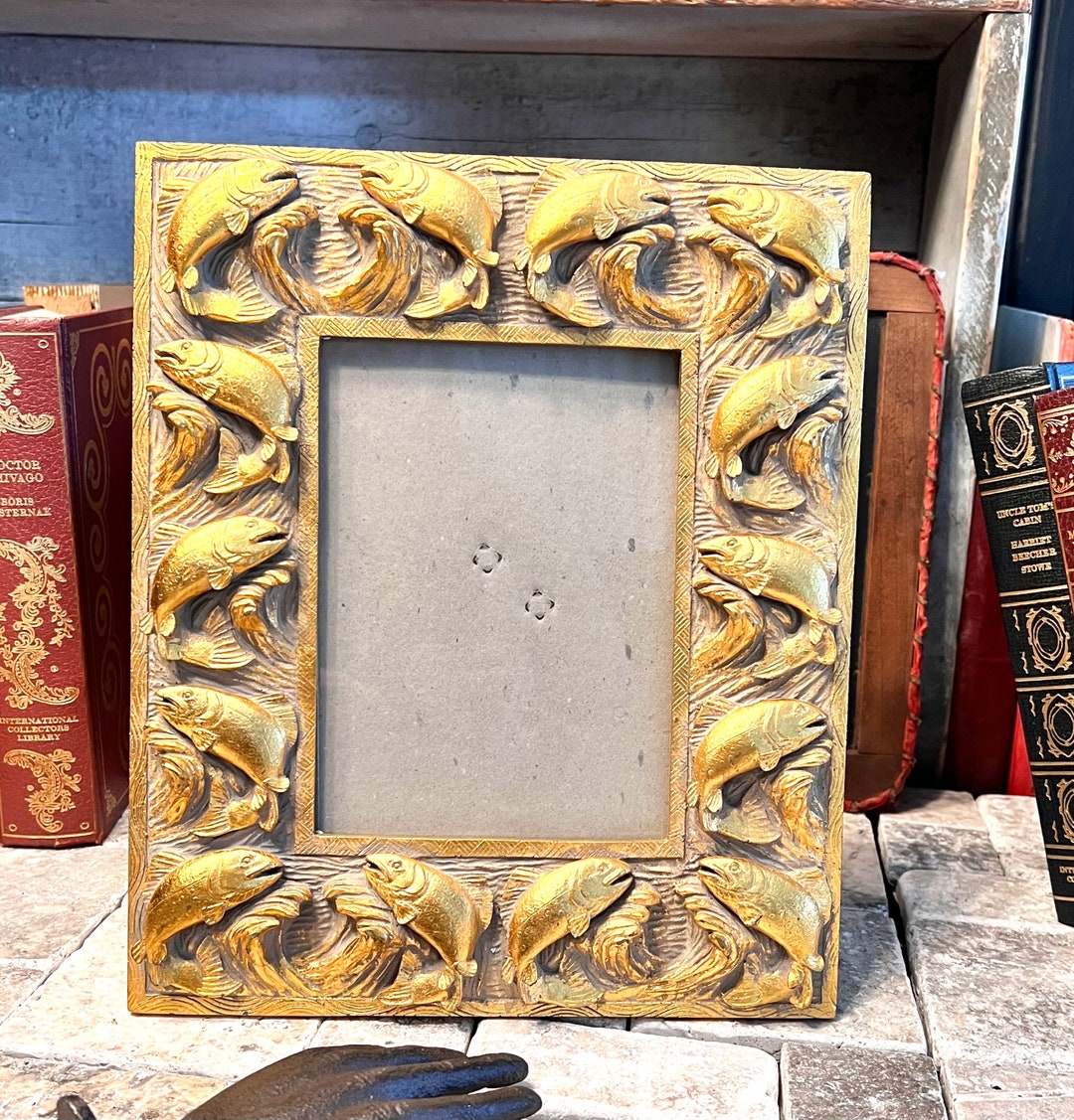 Gold Tone Fish Bas-relief Picture / Photo Frame Table Top or Hanging W ...