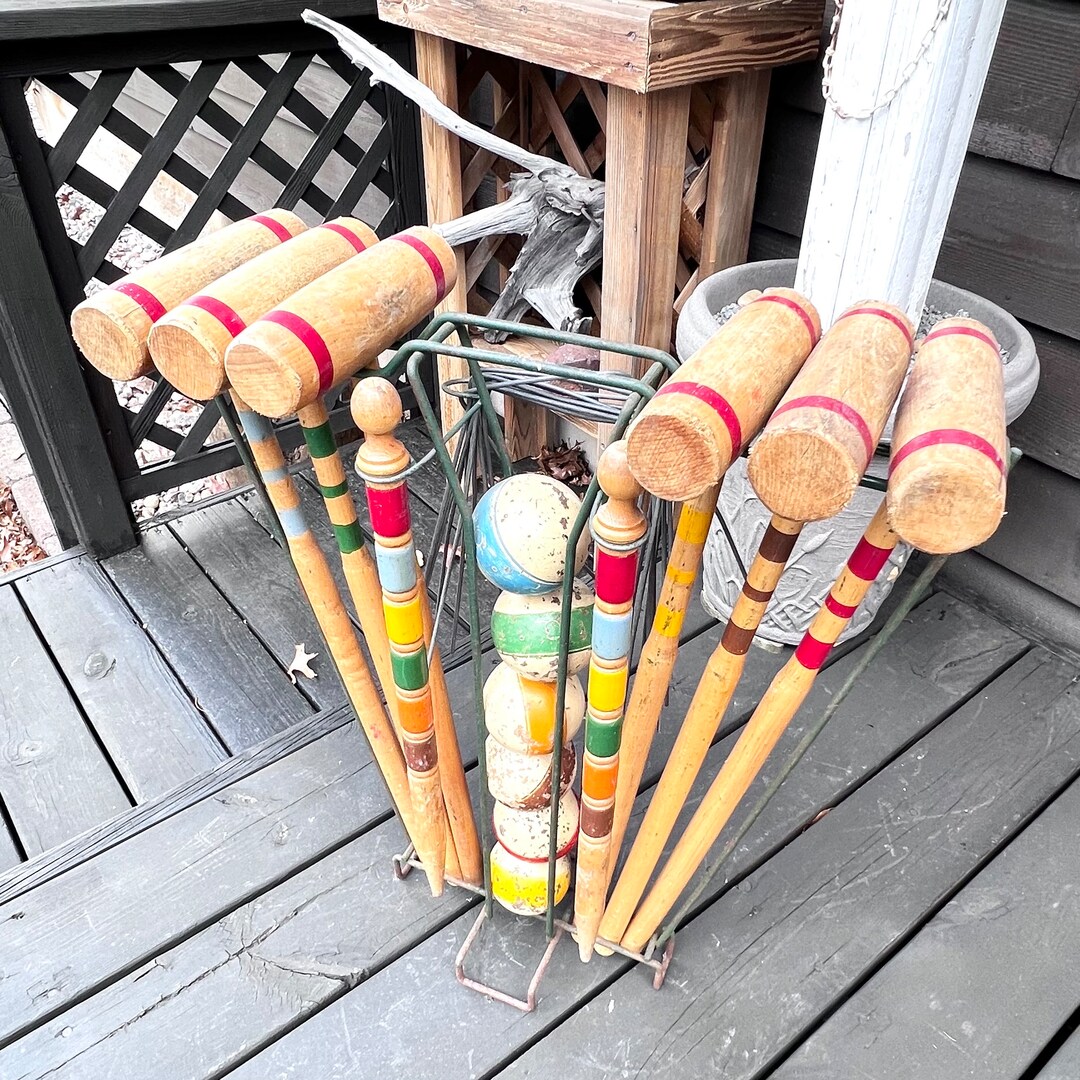 Summer Fun & Games - Wood Croquet Set W/ Metal Stand - Vintage Wood ...