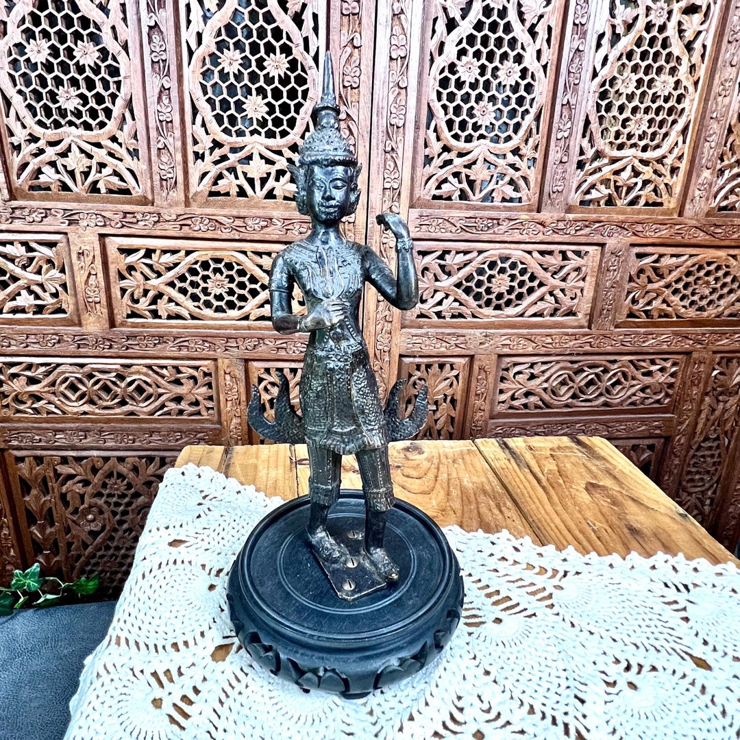 Brass Metal Statue of Siam Figure on Round Carved Asian Base Vintage 12 ...