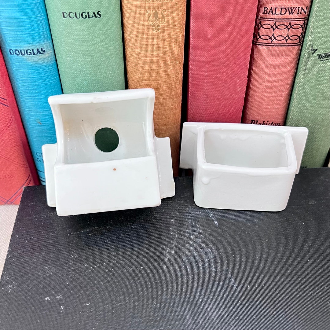 Pair of White Ceramic Bird Cage Feeders One Has Arched Top the Other is ...