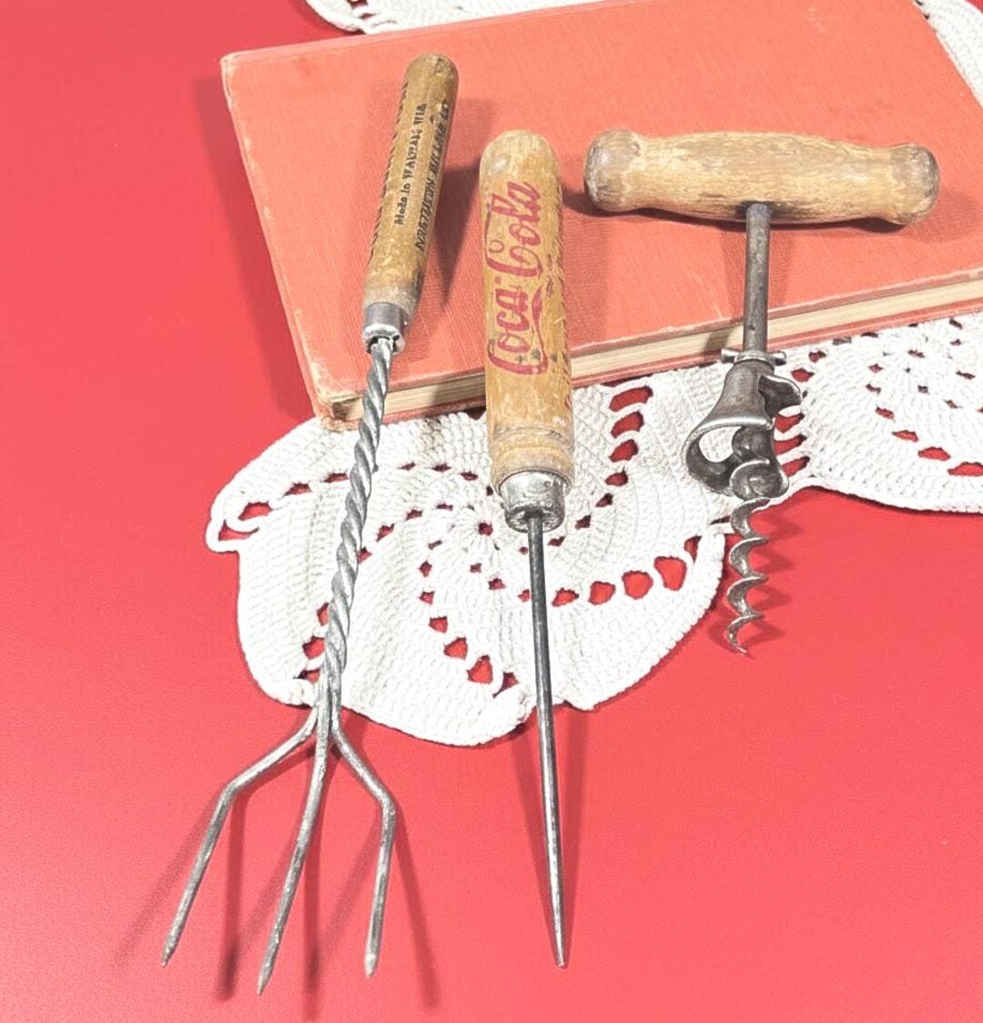 3 Wood Handle Utensils Coke Ice Pick, Gold Seal Meat Fork, Cork Screw ...