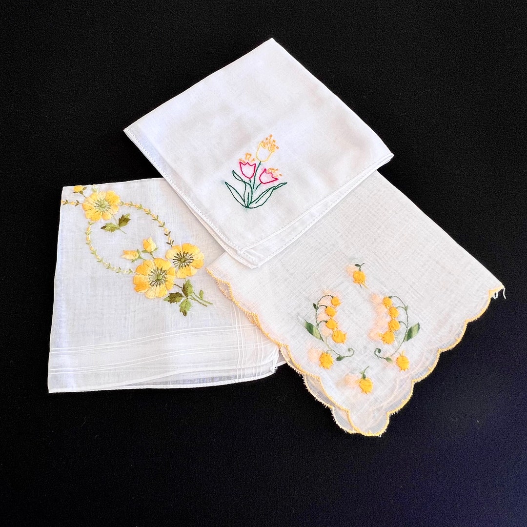 3 Handkerchiefs W/ Embroidered Flower Design Vintage Hankies Wedding ...
