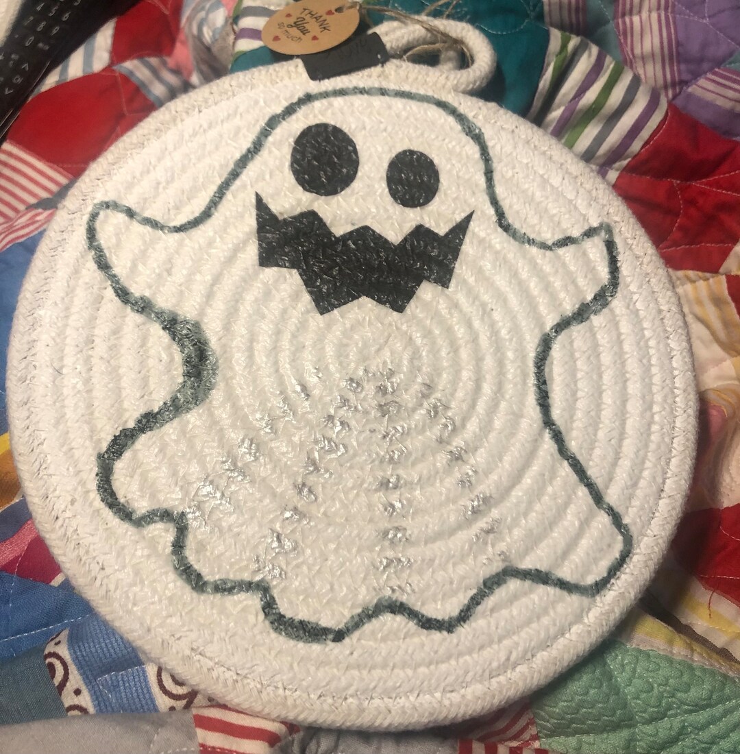 Spooky Ghost Halloween Trivet Table Mat Coiled Cotton Clothesline 7.25 ...